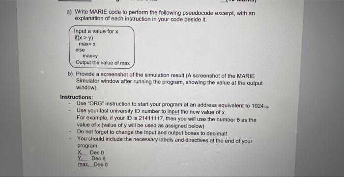 Solved a) Write MARIE code to perform the following | Chegg.com