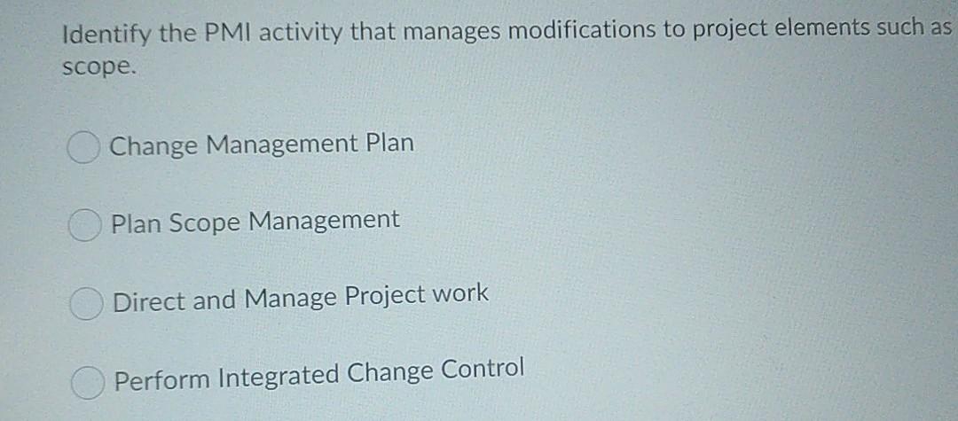 Solved Identify the PMI activity that manages modifications | Chegg.com