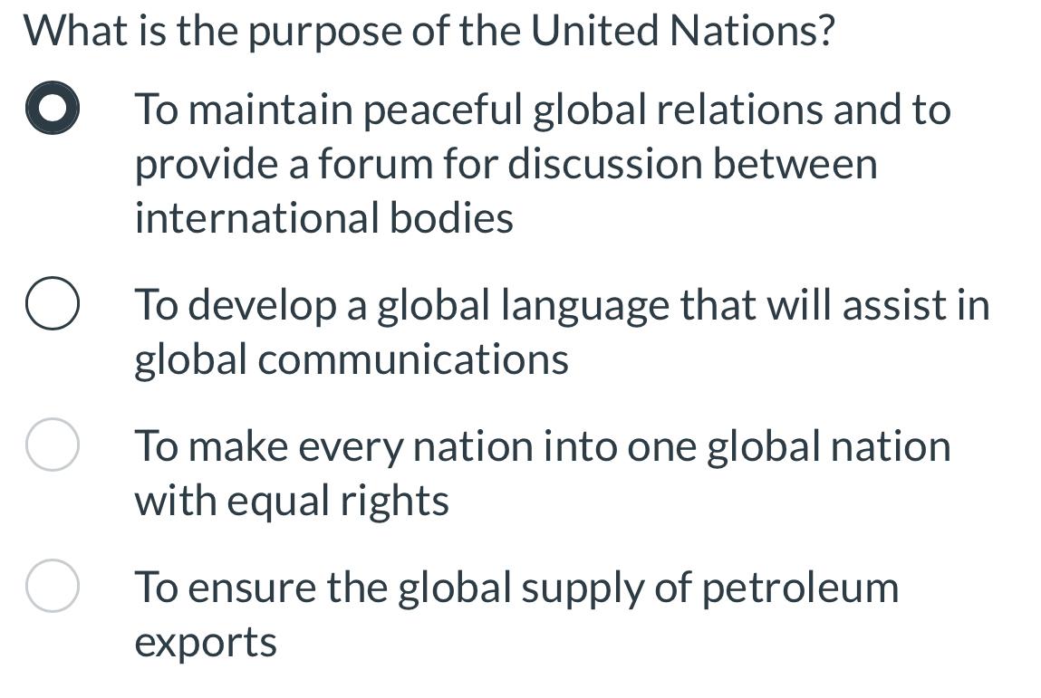 Solved What is the purpose of the United Nations?To maintain | Chegg.com
