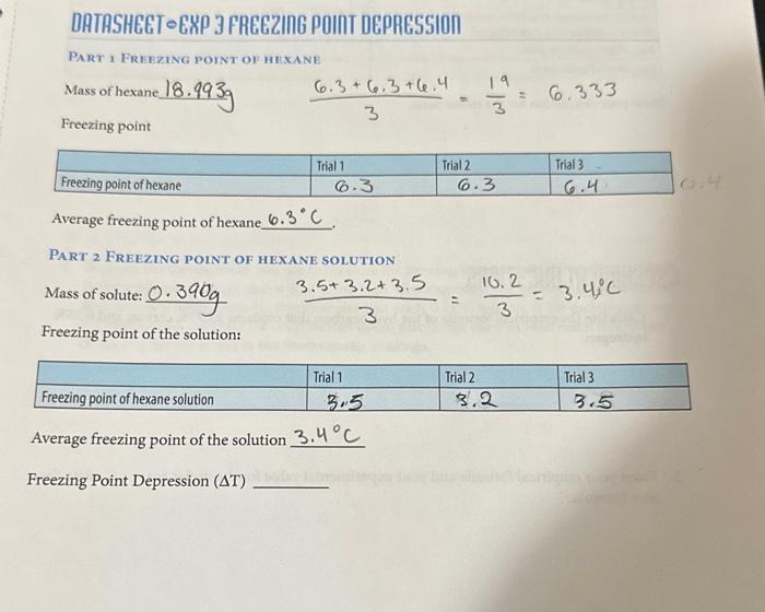 Solved DATASHEETOEXP J FREEZING POIIT DEPRESSIOI PART I | Chegg.com