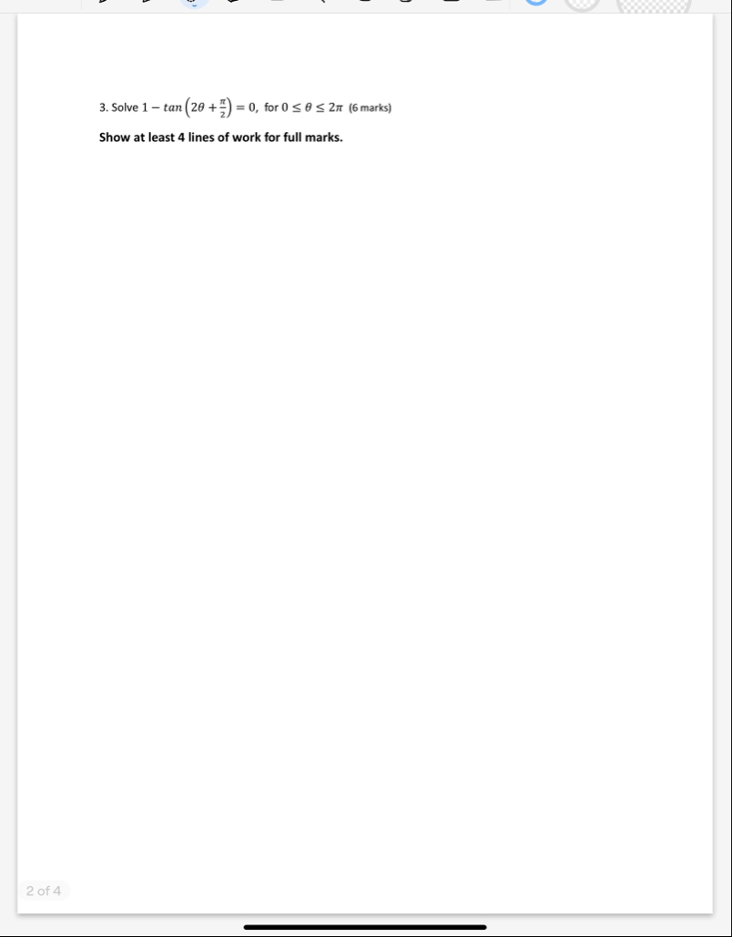 Solved Solve 1-tan(2θ π2)=0, ﻿for 0≤θ≤2π ( 6 ﻿marks) ﻿Show | Chegg.com