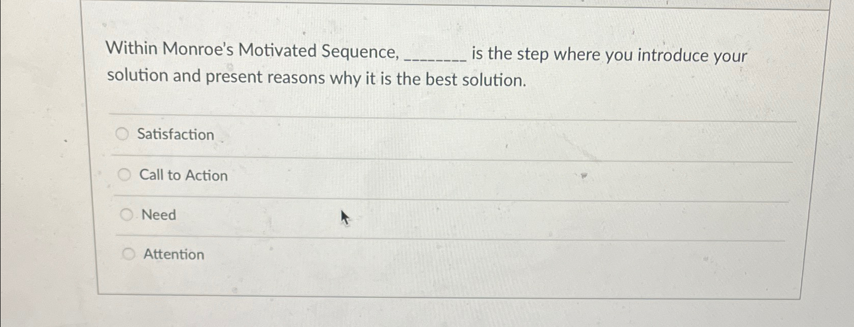 Solved Within Monroe's Motivated Sequence, is the step where | Chegg.com