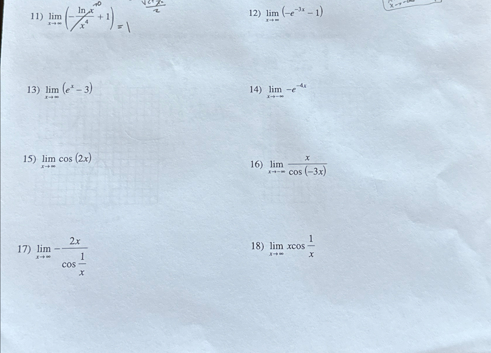 Solved limx→∞(-e-3x-1)limx→∞(ex-3)limx→-∞-e-4xlimx→∞cos(2x)l | Chegg.com