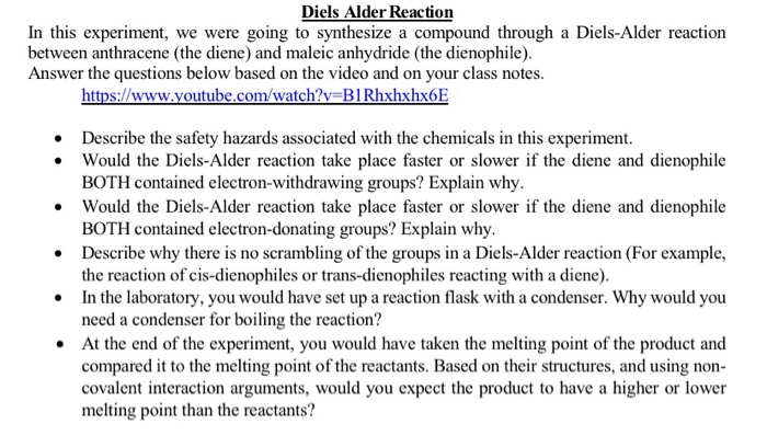 Solved Diels Alder Reaction In this experiment, we were | Chegg.com