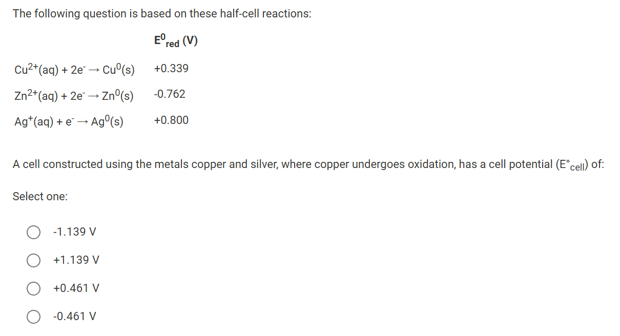Solved The following question is ﻿based on ﻿these half-cell | Chegg.com