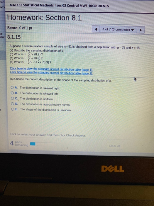 Solved ce MAT152 Statistical Methods I sec 03 Central MWF | Chegg.com