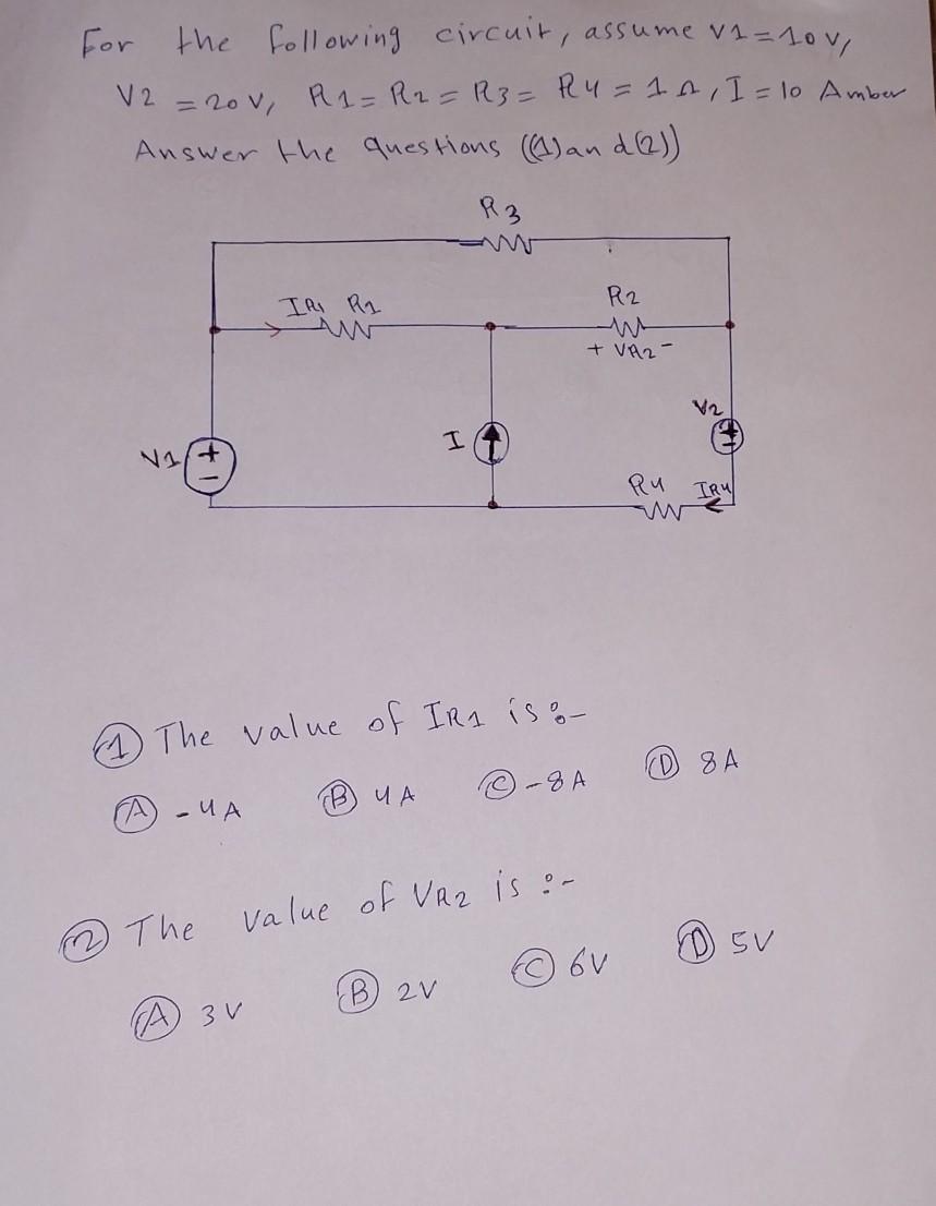 For the following circuit, assume v1=10v, V2=20 | Chegg.com