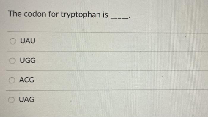 Solved The codon for tryptophan is ----- UAU UGG ACG UAG | Chegg.com
