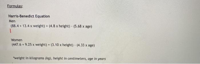 Solved Formulas: Harris-Benedict Equation Men (88.4 + 13.4 x | Chegg.com