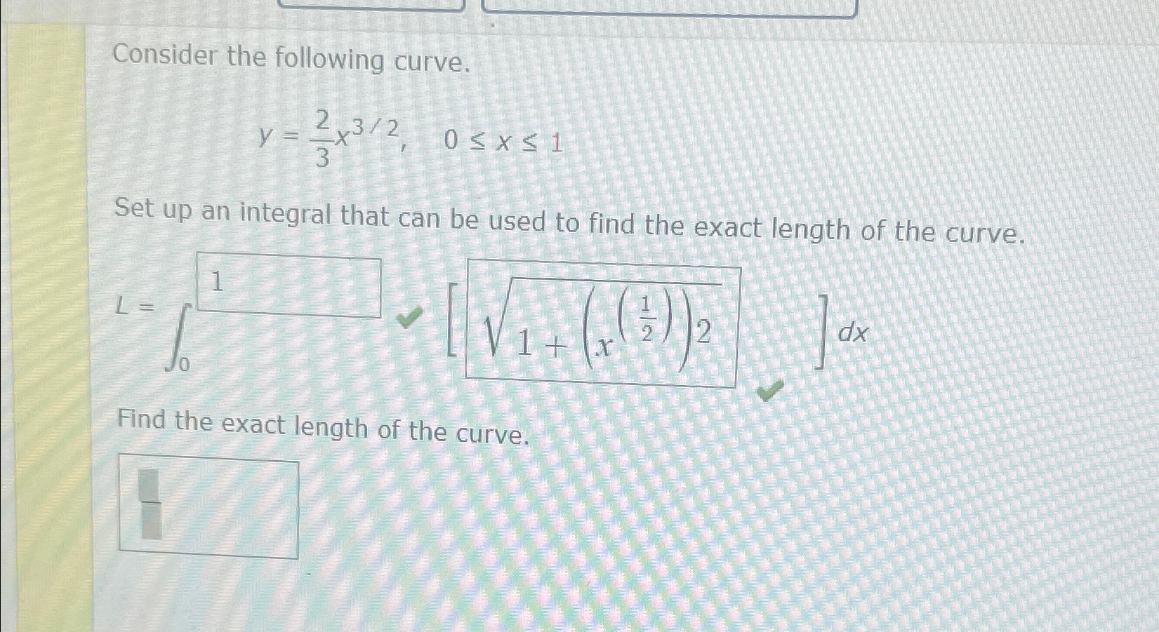 Solved Consider the following curve.y=23x32,0≤x≤1Set up an | Chegg.com