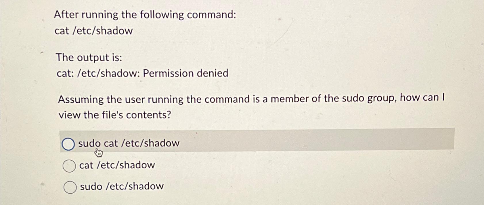 Solved After running the following command:cat | Chegg.com