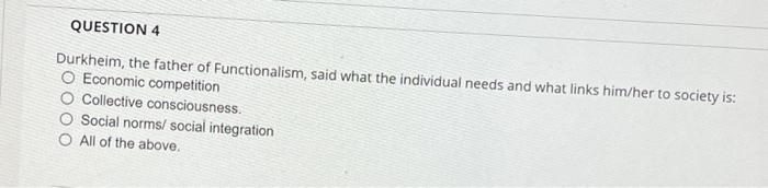 Solved Durkheim, the father of Functionalism, said what the | Chegg.com