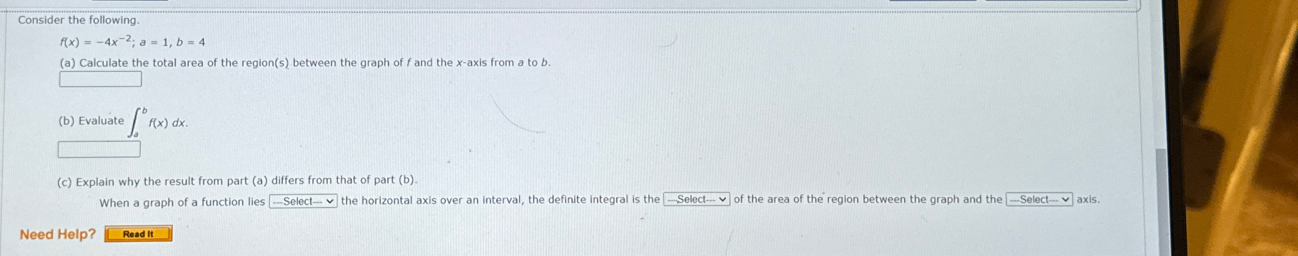 Solved Consider the following.\\nf(x)=-4x^(-2);a=1,b=4\\n(a) | Chegg.com
