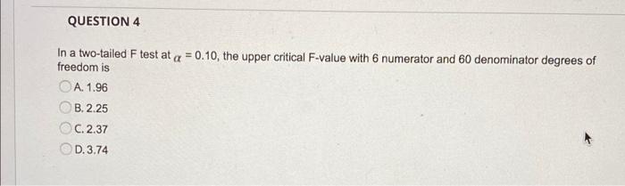 Solved QUESTION 4 In a two-tailed F test at a = 0.10, the | Chegg.com