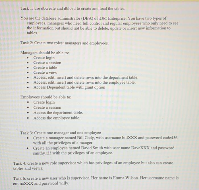 Task 1: use dbcreate and dbload to create and load | Chegg.com