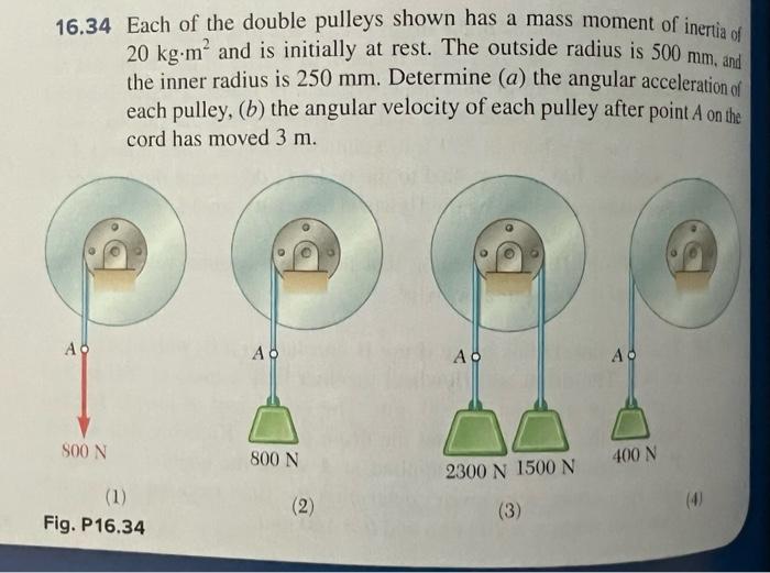 Solved 16.34 Each of the double pulleys shown has a mass | Chegg.com