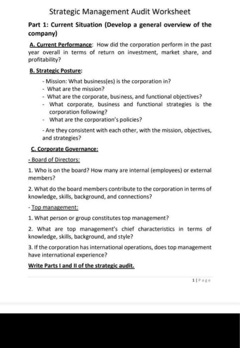 Solved Strategic Management Audit Worksheet Part 1: Current | Chegg.com