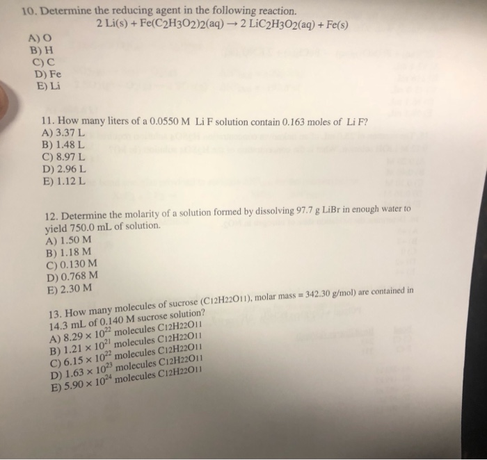 Solved 10. Determine the reducing agent in the following | Chegg.com