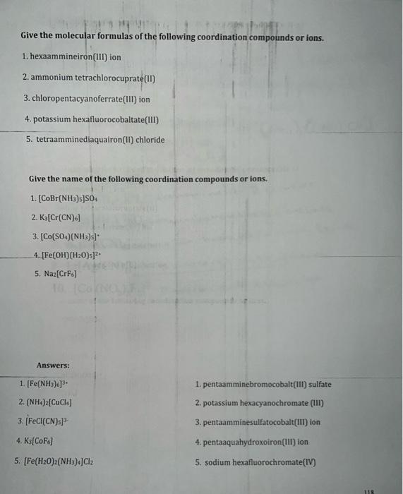 Solved Activity 6: Naming Coordination Compounds A complex | Chegg.com