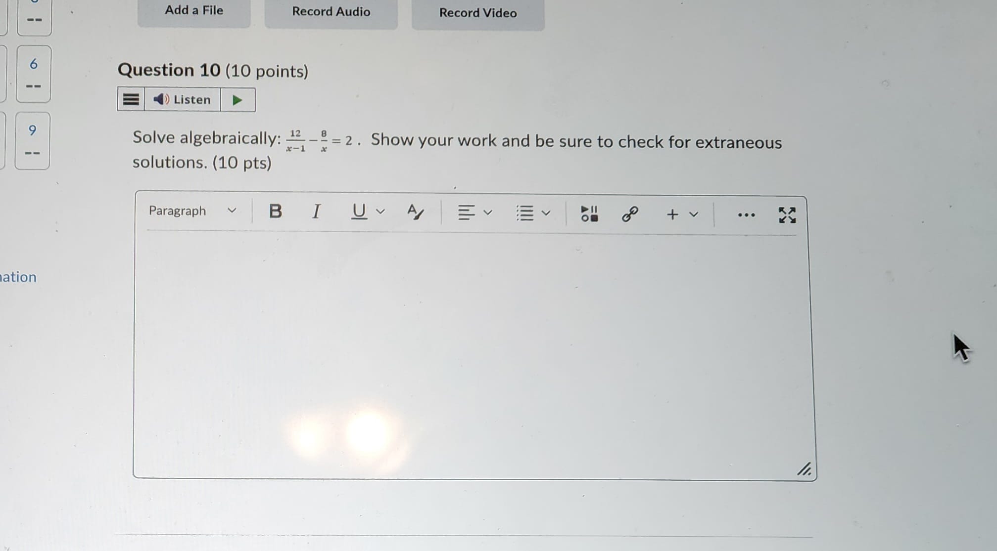 Solved Solve algebraically: 12x-1-8x=2. ﻿Show your work and | Chegg.com