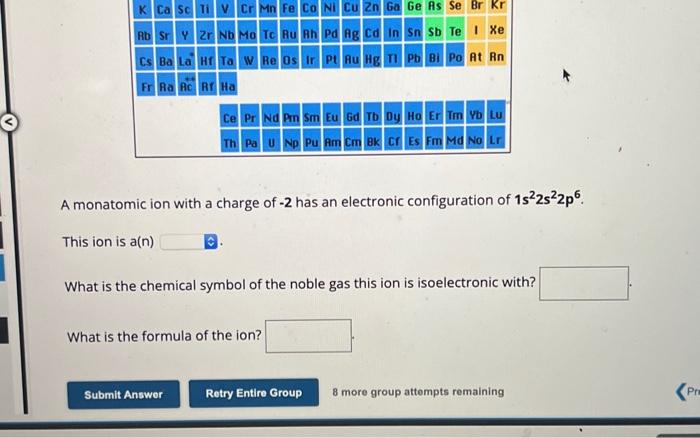 Solved A monatomic ion with a charge of -2 has an electronic | Chegg.com
