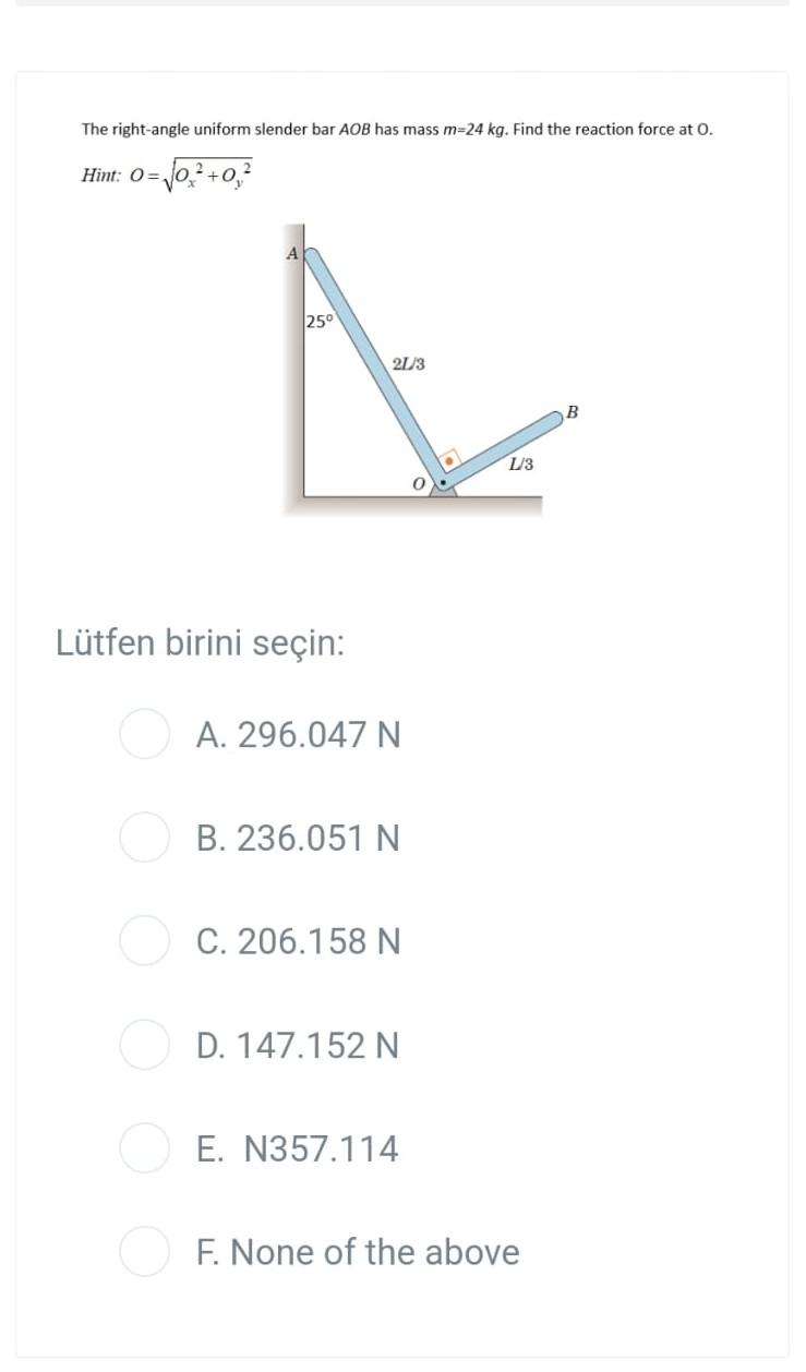 Solved The right-angle uniform slender bar AOB has mass m=24 | Chegg.com