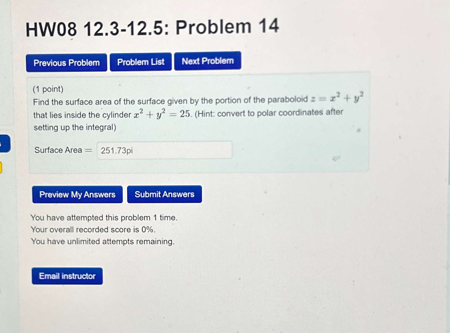 HW08 12.3-12.5: Problem 14(1 ﻿point)Find the surface | Chegg.com
