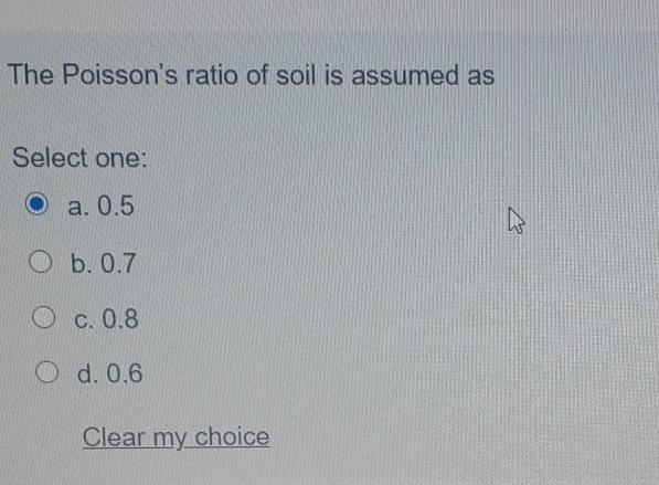 The Poisson's ratio of soil is assumed as Select one: | Chegg.com