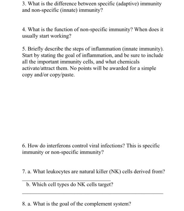 Solved 3. What is the difference between specific (adaptive) | Chegg.com