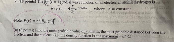 Solved 2 10 Points The 2p L 1 Radial Wave Function Of An