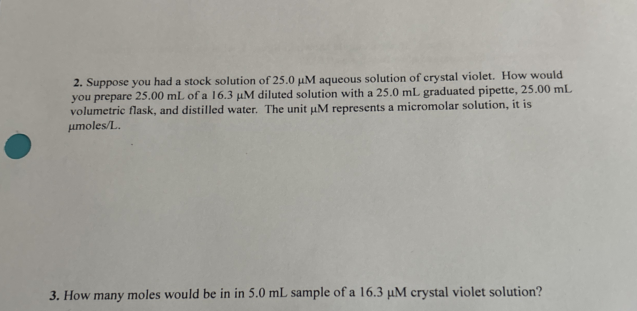 Solved Suppose you had a stock solution of 25.0μM ﻿aqueous | Chegg.com