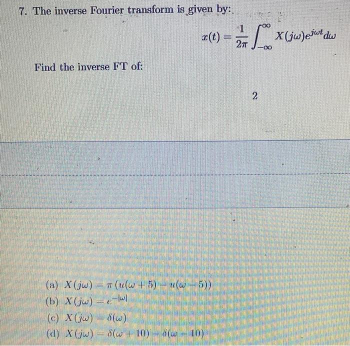 Solved 7. The inverse Fourier transform is given by: | Chegg.com
