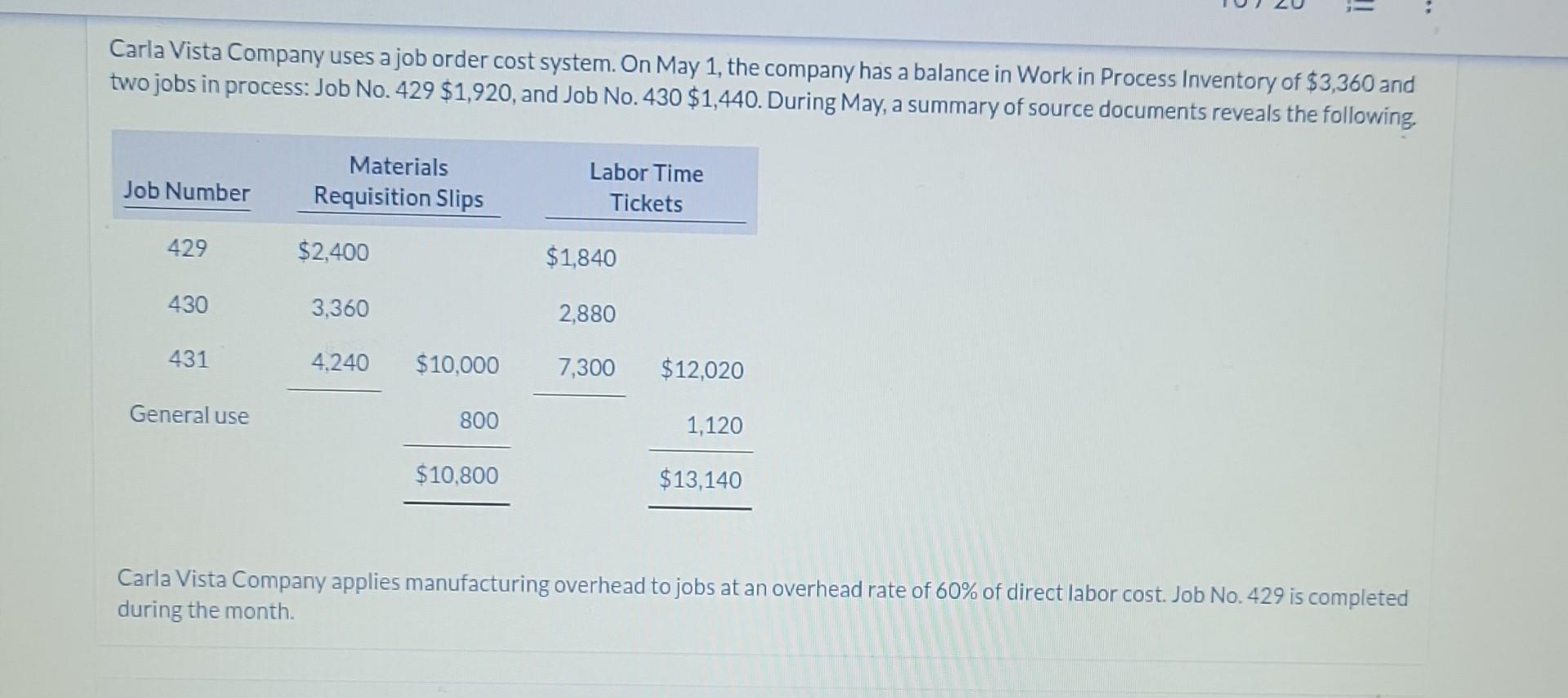 Solved Carla Vista Company uses a job order cost system. On | Chegg.com
