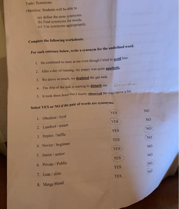 Solved Topic: Synonyms Objective: Students will be able to | Chegg.com