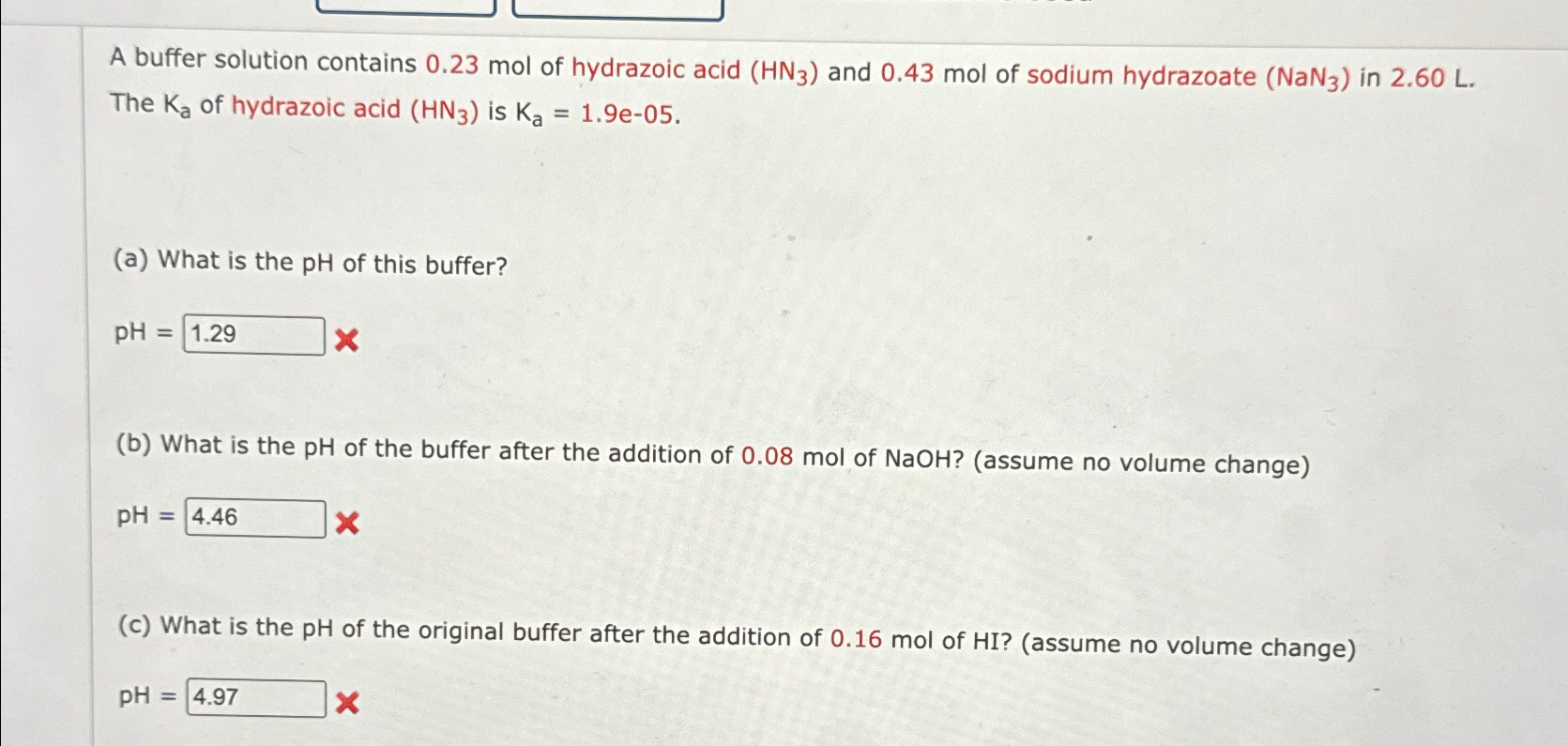 Solved A buffer solution contains 0.23 ﻿mol of hydrazoic | Chegg.com