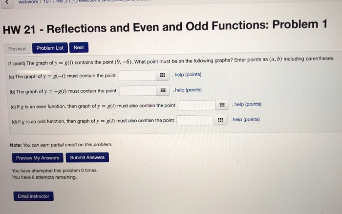 Solved webwork / 10 HW 21 - Reflections and Even and Odd | Chegg.com