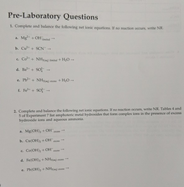 Solved Pre-Laboratory Questions 1. Complete and balance the | Chegg.com