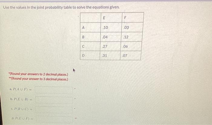 Solved Use the values in the Joint probability table to | Chegg.com