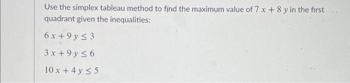 Solved Use the simplex tableau method to find the maximum | Chegg.com