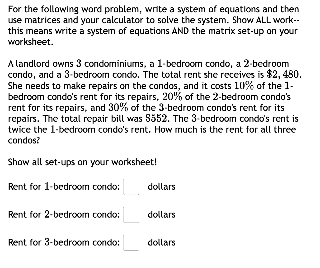 Solved For the following word problem, write a system of | Chegg.com