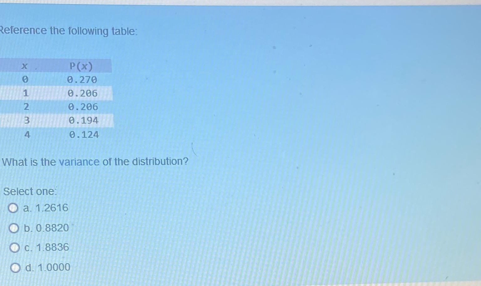 Solved Reference the following table:\table[[x,P(x) | Chegg.com