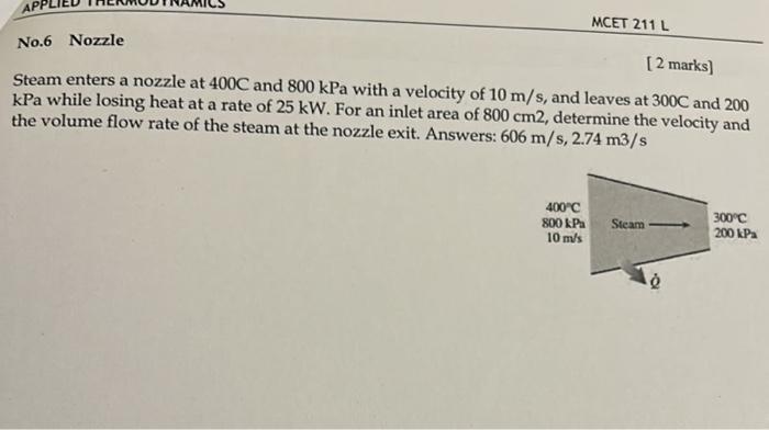 Solved [2 marks] Steam enters a nozzle at 400C and 800kPa | Chegg.com