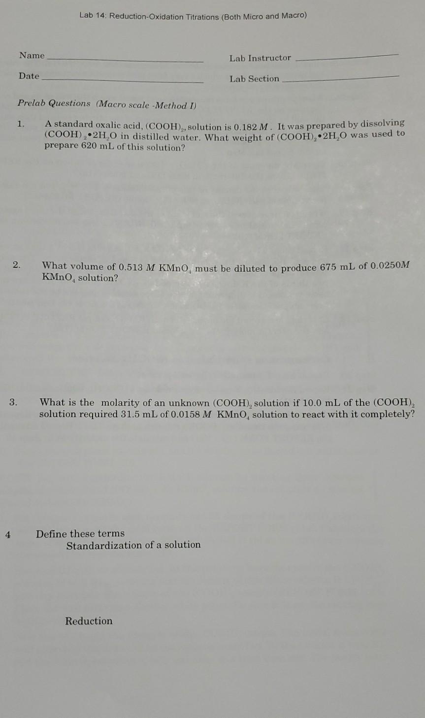 Solved Lab 14: Reduction-Oxidation Titrations (Both Micro | Chegg.com