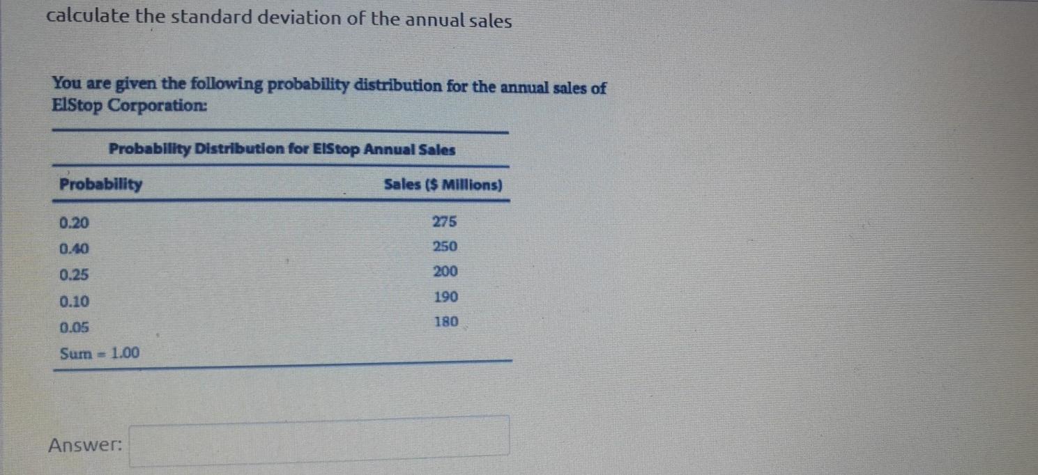 Solved calculate the standard deviation of the annual sales | Chegg.com