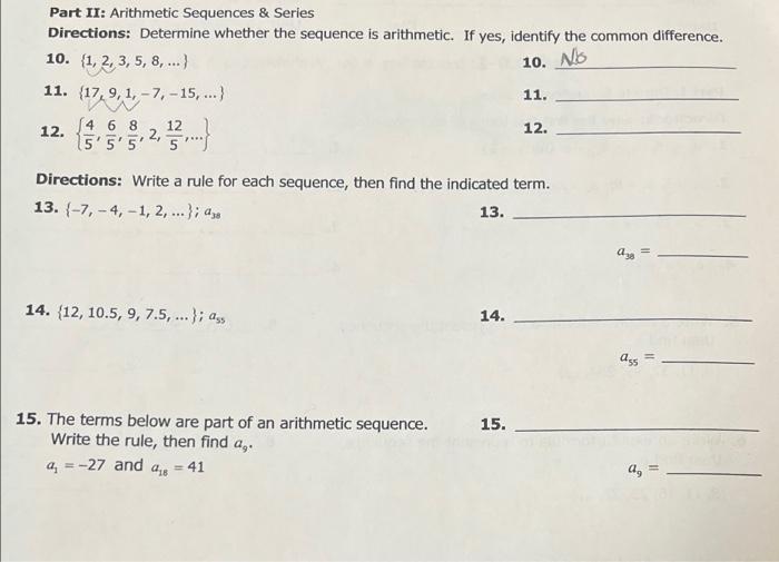 Solved Part II: Arithmetic Sequences & Series Directions: | Chegg.com