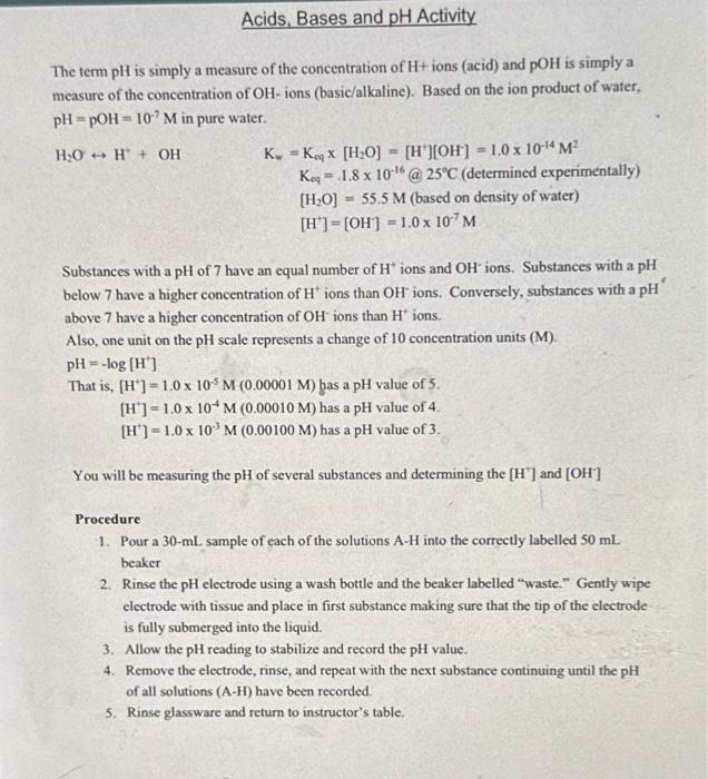 Acids, Bases and pH Activity The term pH is simply a | Chegg.com