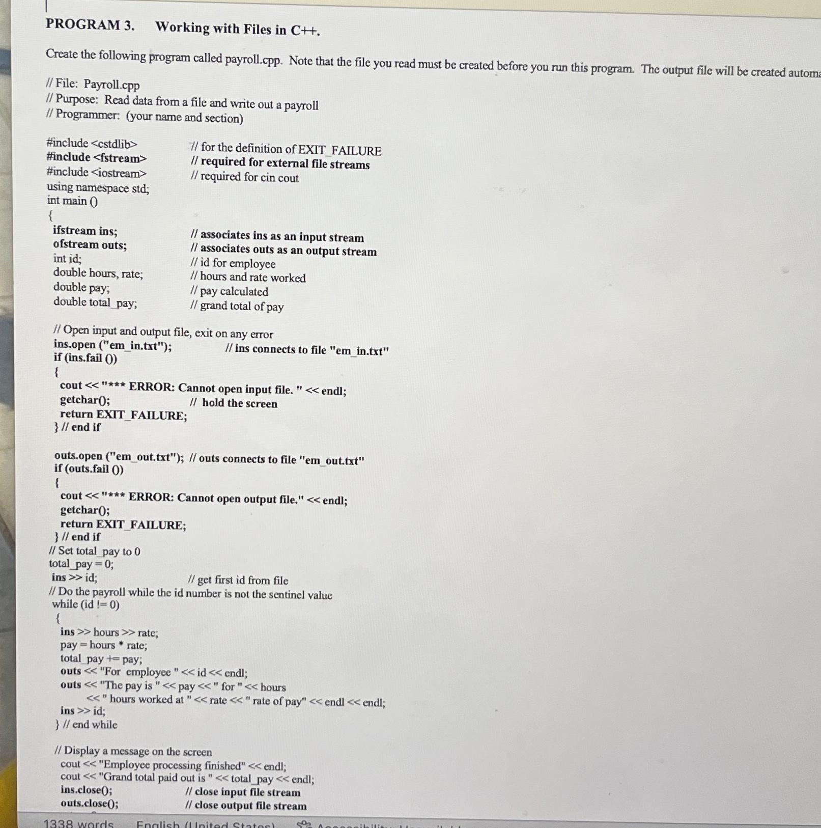 Solved PROGRAM 3. ﻿Working with Files in C++.Create the | Chegg.com