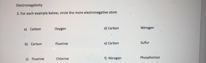 Solved Electronegativity 2. For each example below, circle | Chegg.com