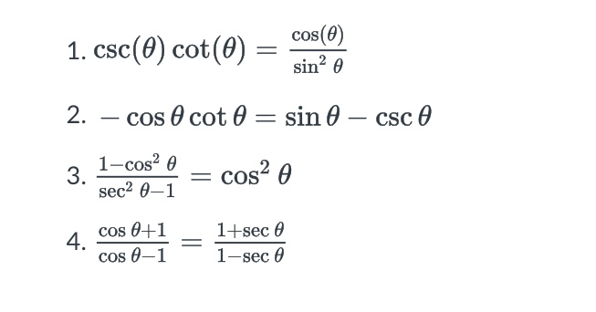 Solved csc(θ)cot(θ)=cos(θ)sin2θ-cosθcotθ=sinθ-cscθ1-cos2θsec | Chegg.com