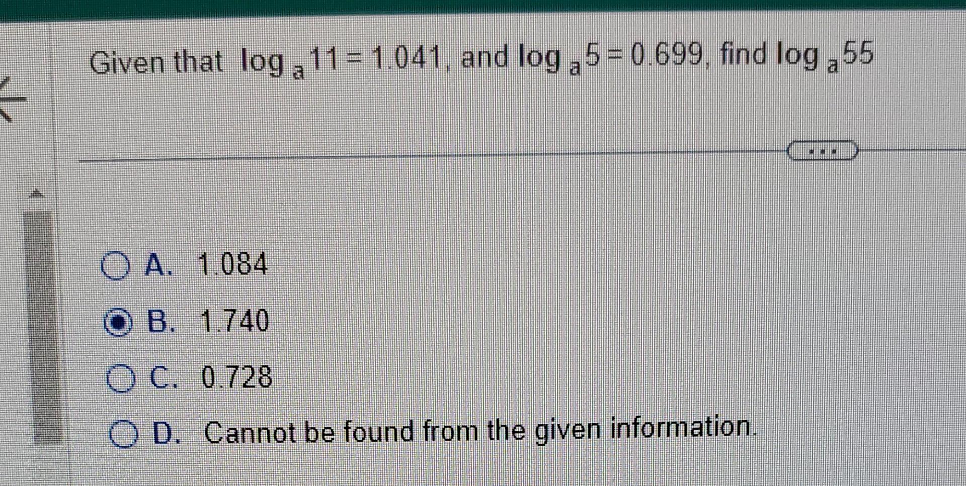 Solved Given that loga11=1.041, and loga5=0.699, find loga55 | Chegg.com